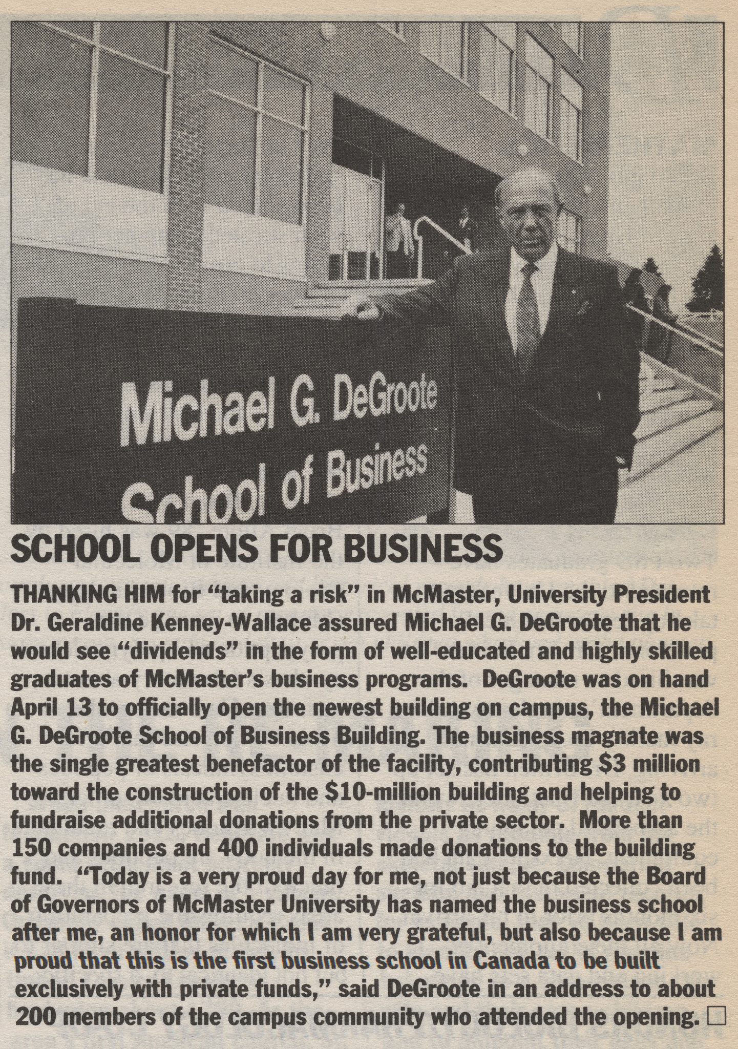 Honouring Michael G. DeGroote - DeGroote School of Business